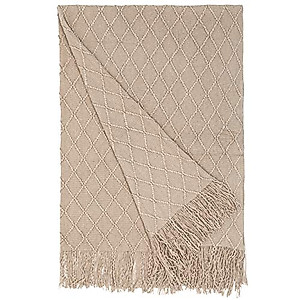 Decorative Diamond Pattern Knit Throw Blanket with Fringe, Khaki