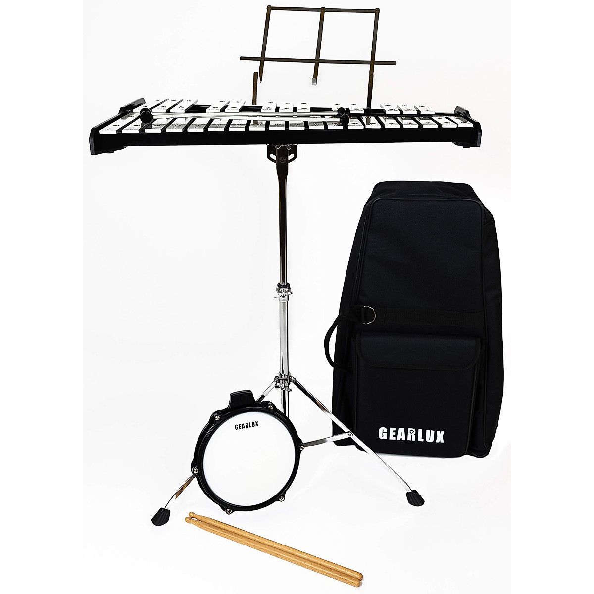 Gearlux 32-Note Glockenspiel Bell Kit with 8" Practice Pad, Stand, Music Rest, Mallets, Drum Sticks, and Gig Bag
