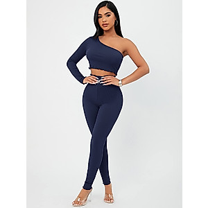WDIRARA Women's 2 Piece Outfit One Shoulder Lettuce Trim Crop Top and Leggings Set Navy Blue M