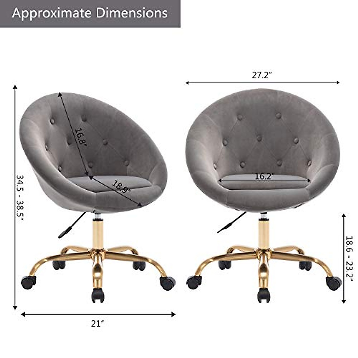 Duhome Modern Home Office Chair Desk Chair Task Computer Chair with Wheels Swivel Vanity Chair Makeup Chair Height Adjustable Chairs Velvet Button Tufted with Wheels and Gold Metal Base (Grey)