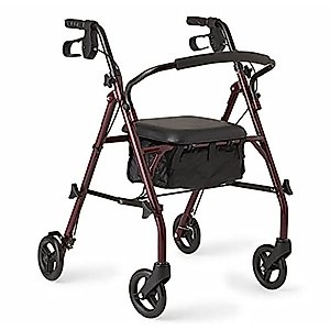 Medline Rollator Walker with Seat, Steel Rolling Walker with 6-inch Wheels Supports up to 350 lbs, Medical Walker, Burgundy