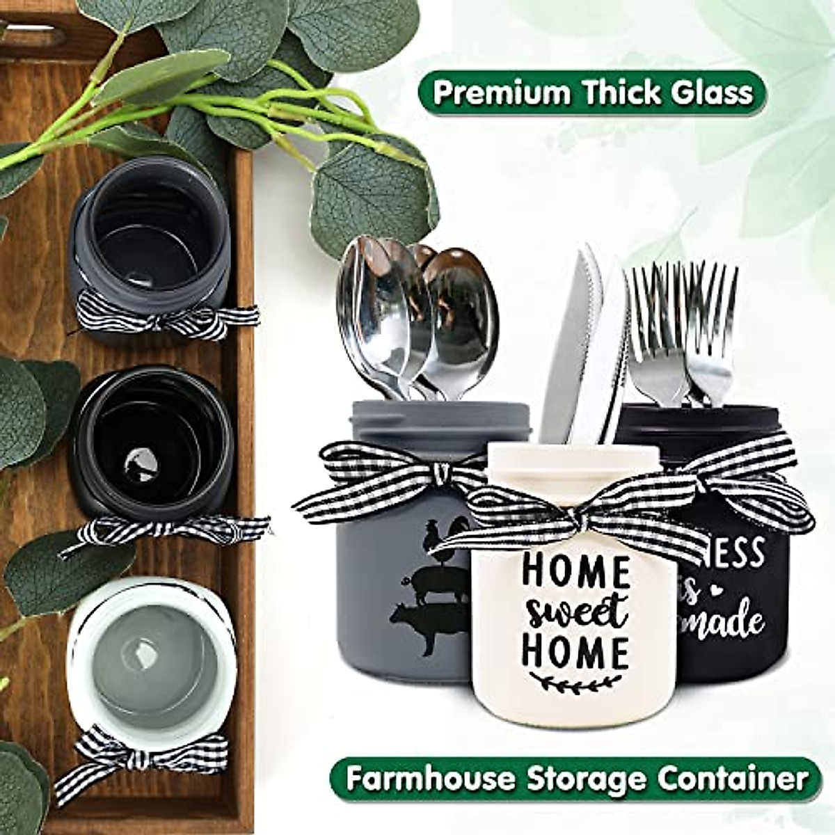 Farmhouse Mini Mason Jar Decorations for Tiered Tray Small Storage Jar with Lids for Home Kitchen Shelf Rustic Black White Farm Animal Home Sweet Happiness Homemade Housewarming Birthday Gift Set of 3