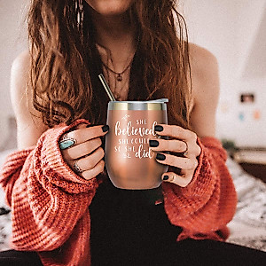 ElegantPark Congratulations Gifts for women She Believed She Could So She Did Wine Tumbler Inspirational Gifts for Graduation New Job Going Away Congrats Rose Gold Insulated Wine Tumbler with Lid 12oz