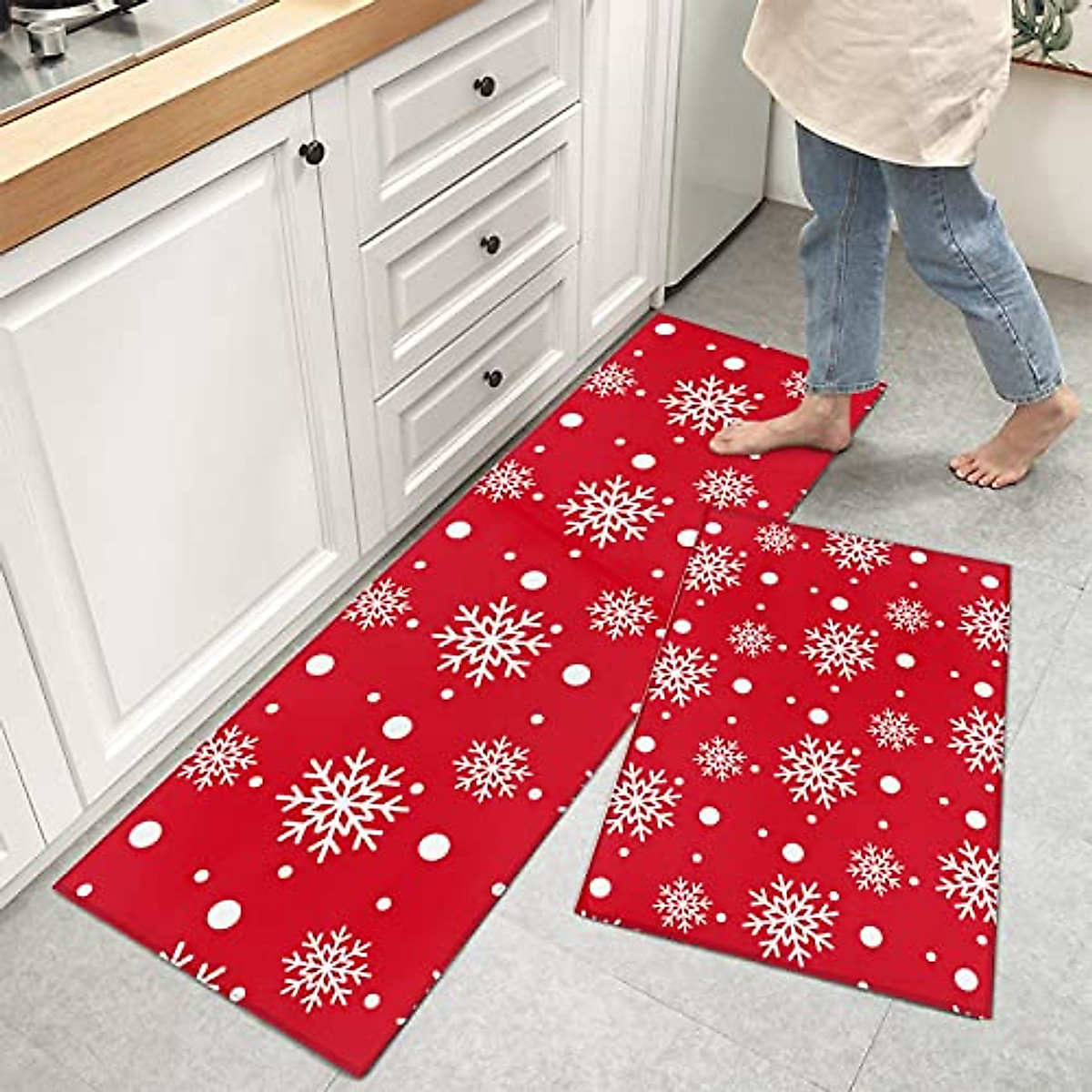 Miaklek Red Snowflakes Rugs for Kitchen Floor, Farmhouse Kitchen Mats Cushioned Anti Fatigue 1 Piece Set, Anti-Fatigue Mats Kitchen Runner Rug 18x47.2in, Seasonal Winter Christmas Holiday Decorations