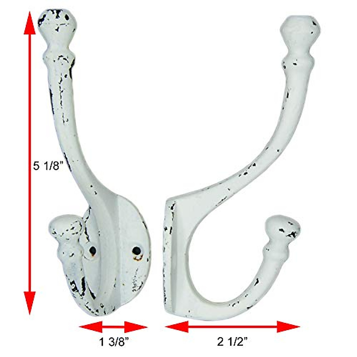 Vintage Cast Iron Wall Hooks (Antique White Finish, Set of 4) - Rustic, Farmhouse, Shabby Chic, French Country Coat Hooks | Great for Coats, Bags, Towels, Hats | Heritage Select