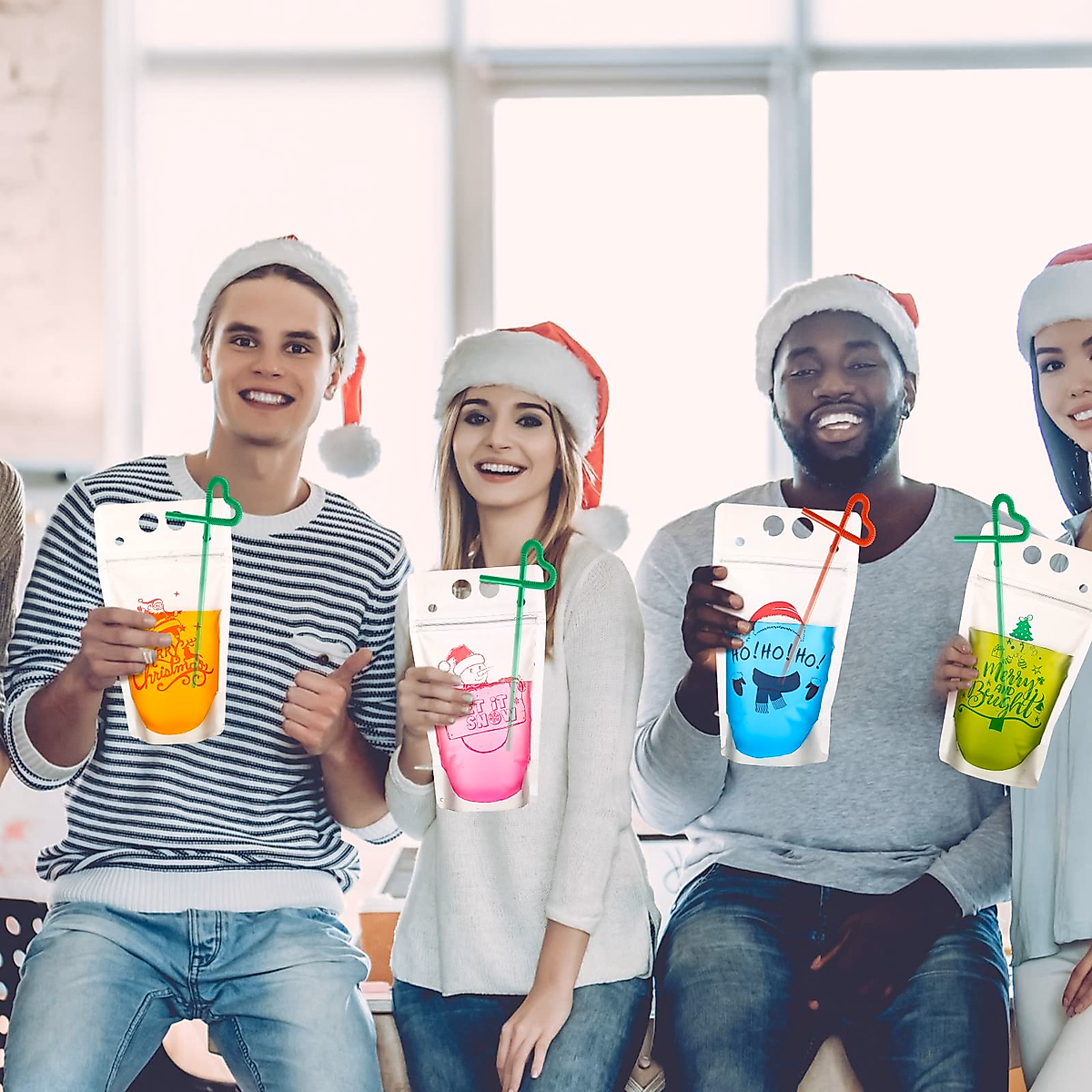 Spiareal 24 Set Christmas Drink Pouches for Adult with Straw, Drink Bags Reclosable Plastic Drink Pouches Xmas Juice Pouch for Christmas Party New Year Beverage Juice Cocktail