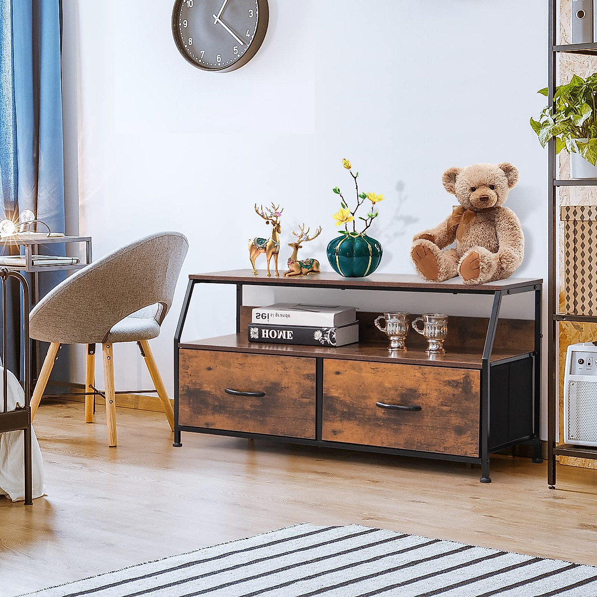 SILKYDRY Dresser TV Stand, Entertainment Center Media Console Table with 2 Folding Fabric Drawers & 2 Open Shelves for TV up to 43’’, Storage Drawer TV Unit for Bedroom, Living Room (Rustic Brown)