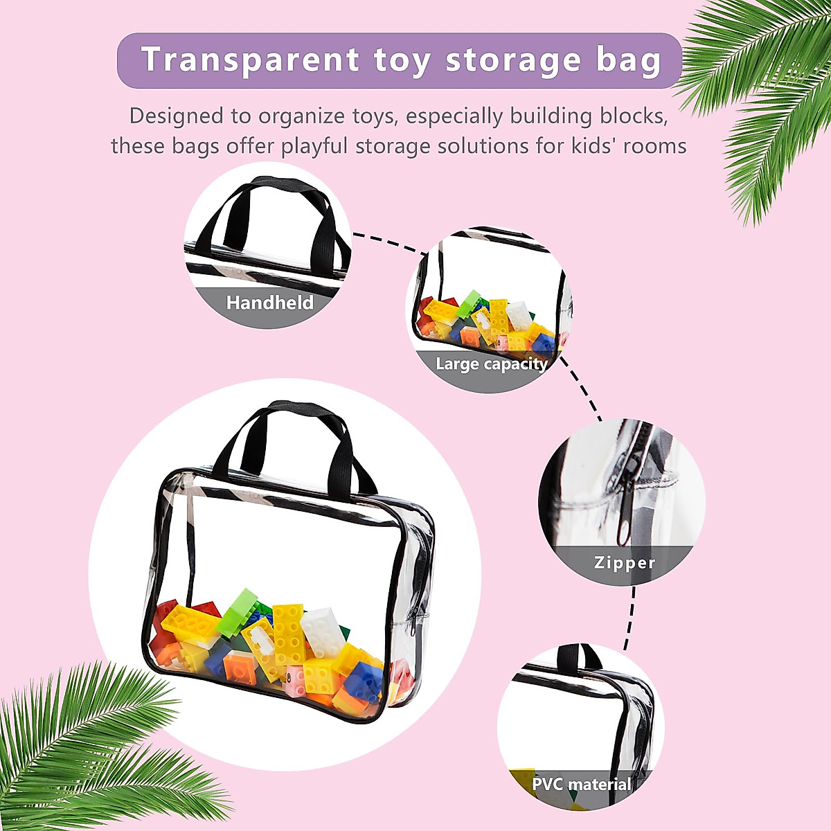 LOVEJO Clear Toy Storage Bags 5-Pack - PVC Organizer with Zipper - Playful Storage Solutions for Building Blocks and Toys - Kids’ Durable Storage Case