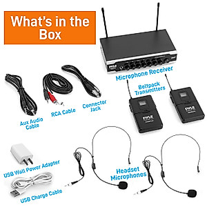 Pyle Portable Uhf Wireless Microphone System - Bluetooth Cordless Headset Lapel Lavalier Microphone Set W/ 2 Battery Operated Beltpack Transmitters, Receiver, Aux, for PA Karaoke DJ Party - PDWM2122