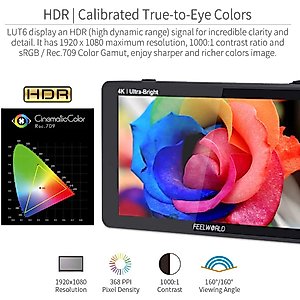 FEELWORLD LUT6 6 Inch 2600nits HDR 3D LUT Touch Screen DSLR Camera Field Monitor with Waveform VectorScope Histogram 4K HDMI Input Output 1920X1080 IPS Panel