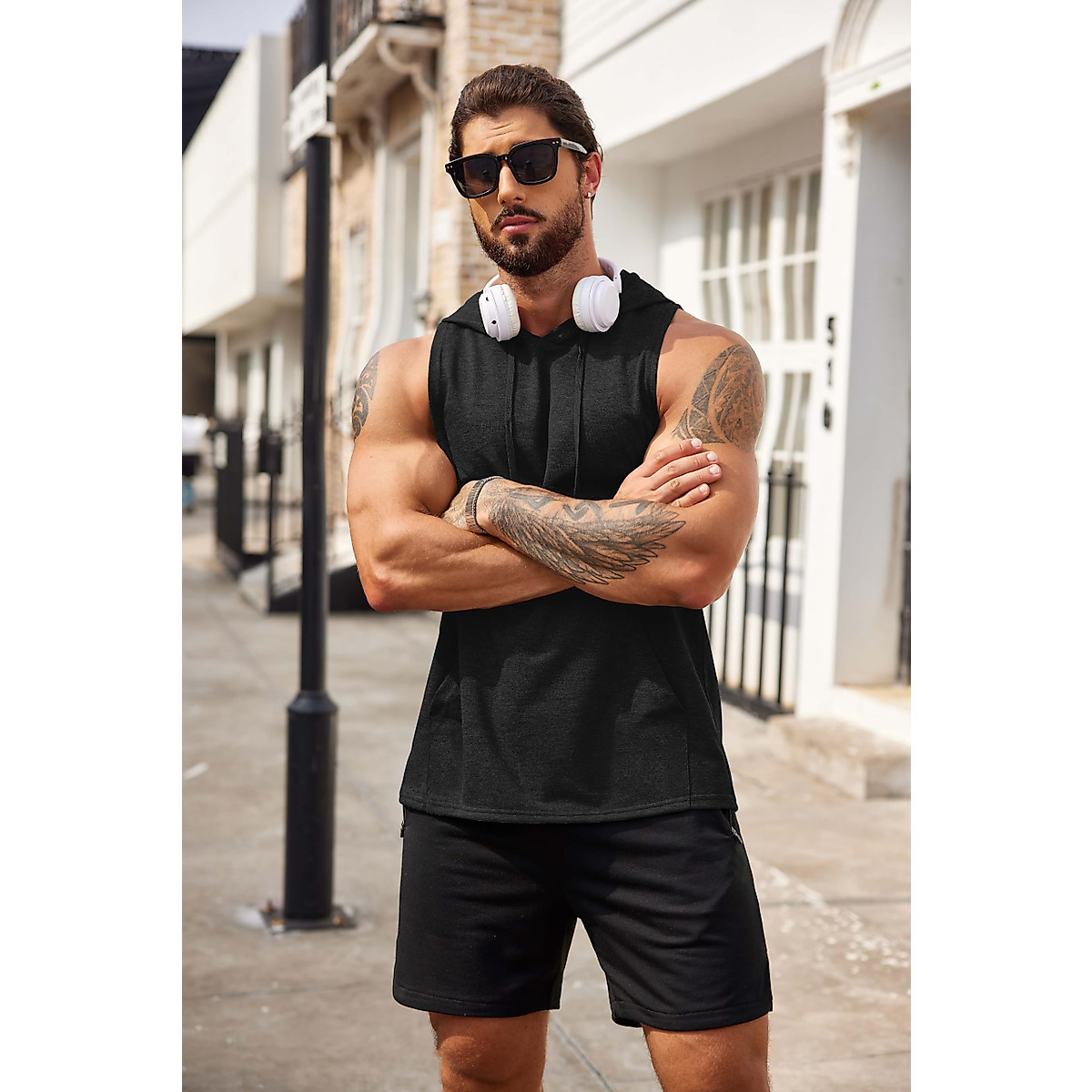 COOFANDY Men's Workout Hooded Tank Tops Bodybuilding Muscle Cut Off T Shirt Sleeveless Gym Hoodies Black