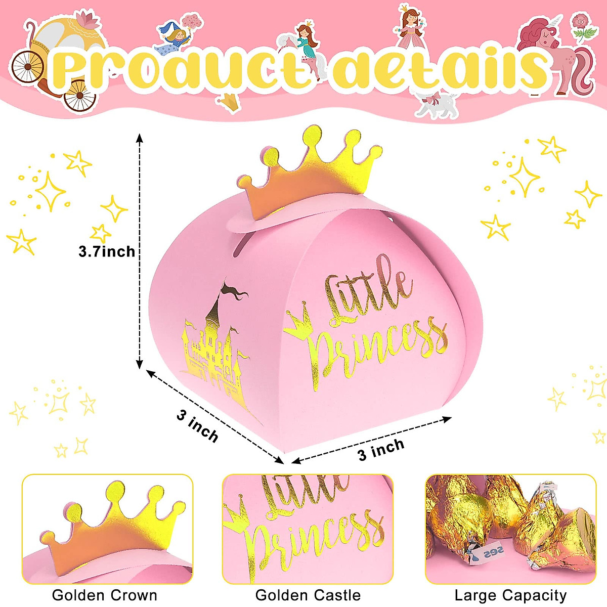 36 Pack Pink Little Princess Candy Boxes Printed Gold Castle and Crown Baby Shower Favors Goodie Treat Boxes Charming Princess Birthday Party Favor Boxes for Baby Girls Party Favors Supplies