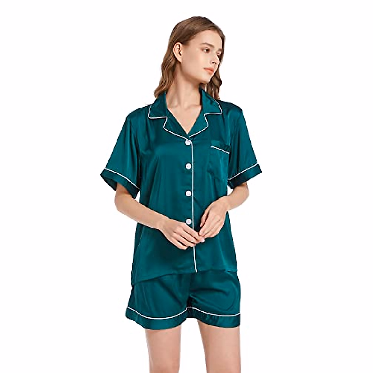 Mergorte Womens Silk Satin Short Sleeve Button-Down Sleepwear Loungewear Pajamas Set DarkGreen M