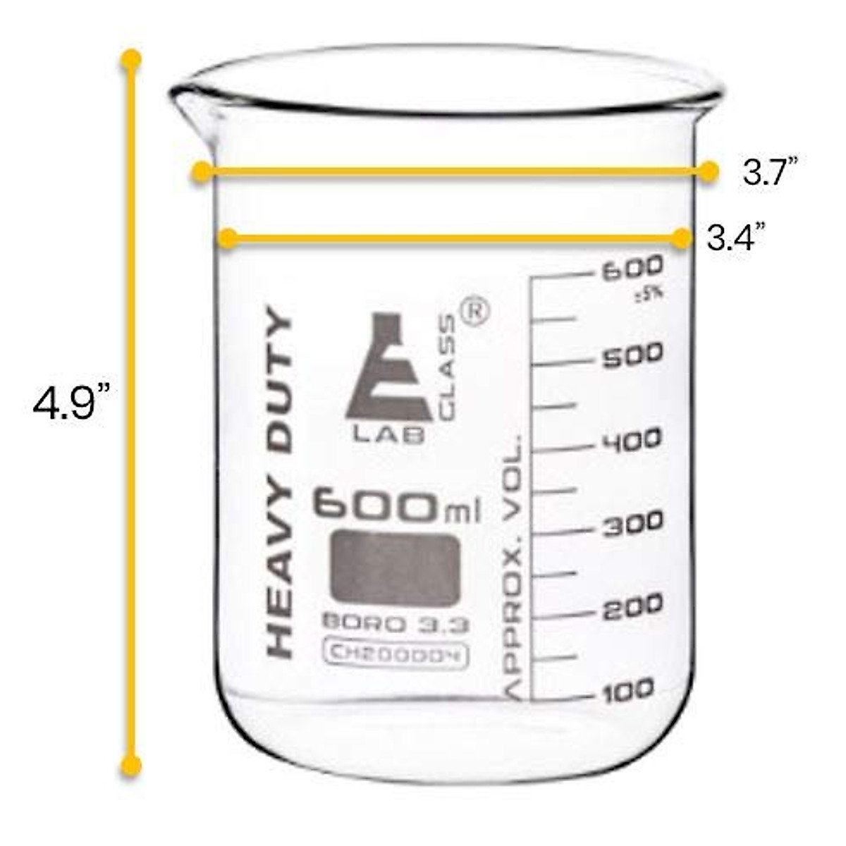 EISCO 6PK Heavy Duty Beakers, 600ml - 5mm Thick, Uniform Walls - Superior Durability & Chemical Resistance - White Graduations - Borosilicate 3.3 Glass