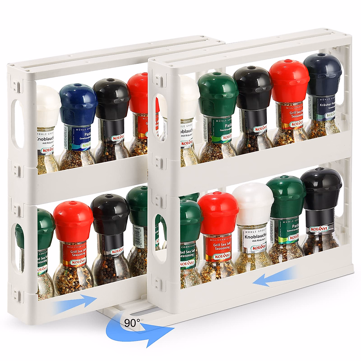 Senhuok Rotating Spice Rack Plastic Seasoning Spice Jar Rack Storage 2 Tier Pull Out Kitchen Cabinet Organiser Slide Salt Bottle Box Holder Shelf Counter Spice Stand Multi-Function Pantry Door Storage