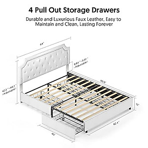 BONSOIR Queen Size Storage Bed Frame Upholstered Low Profile Traditional Platform with Tufted and Nail Headboard/4 Pull Out Drawers/White Faux Leather