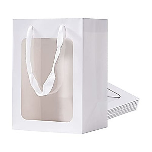 Sdootjewelry Gift Bag with Window, 10pcs White Paper Tote with Transparent Window, 9.8" x 5.1" x 7.0"Transparent Bouquet Gift Bags With Handle, Kraft Paper Gift Bags with Transparent Window