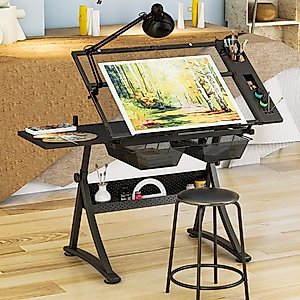 VejiA Drafting Table with Storage, Height Adjustable Tiltable Art Desk, Glass Panel Drawing Desk, for Work Study Painting Craft Table