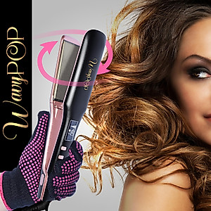 Flat Iron Hair Straightener & Curling Wand, WAVYPOP PRO 100% Pure Titanium Pink 1" | Professional Straightening Hair Iron with Ceramic Heater and Auto Shut Off | Dual Voltage & Adjustable Temp