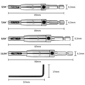 Self Centering Drill Bit Set 11/64",9/64",7/64", 5/64", for #10#8#6#4#2 Screws Size, Be Compatible with 1/4 in VIX Bit Bosch Snappy Quick-Change Hex Drill,Part #45300 Center Finding Drill Bit