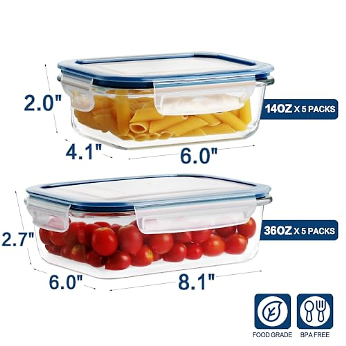 HOMBERKING 10 Pack Glass Meal Prep Containers, Glass Food Storage Containers with Lids, Airtight Glass Lunch Bento Boxes, BPA-Free & Leak Proof, 36oz & 14oz (10 lids & 10 Containers) - Blue