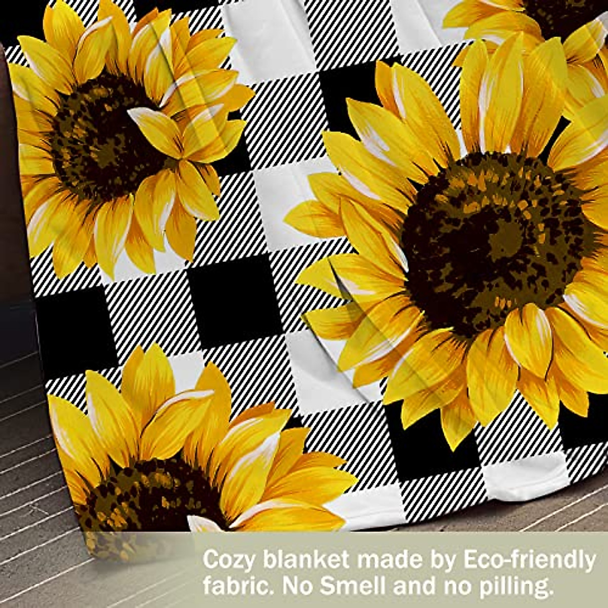 Reunbmq Super Soft Flannel Fleece Throw Blanket, Lightweight Sherpa Blankets Comfortable Bed Throws 3D Printed Blanket for Couch/Chair/Sofa/Bed/Dorm/Bedroom/Home (Sunflower Buffalo Plaid)