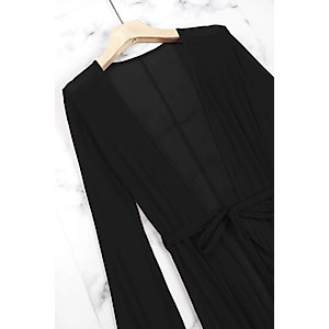 Pink Queen Women's Long Sleeve Flowy Maxi Bathing Suit Swimsuit Tie Front Robe Cover Up Black XL
