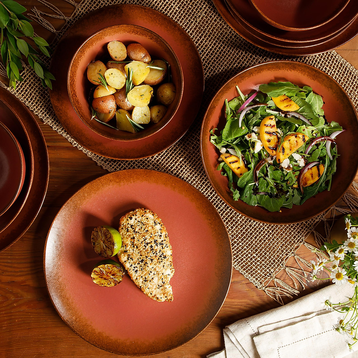 Bloomhouse - Oprah's Favorite Things - Palermo Sun Double Bowl Stoneware Reactive Glaze Plates and Bowls Dinnerware Set - Paprika Red, Service for Four (16pcs)