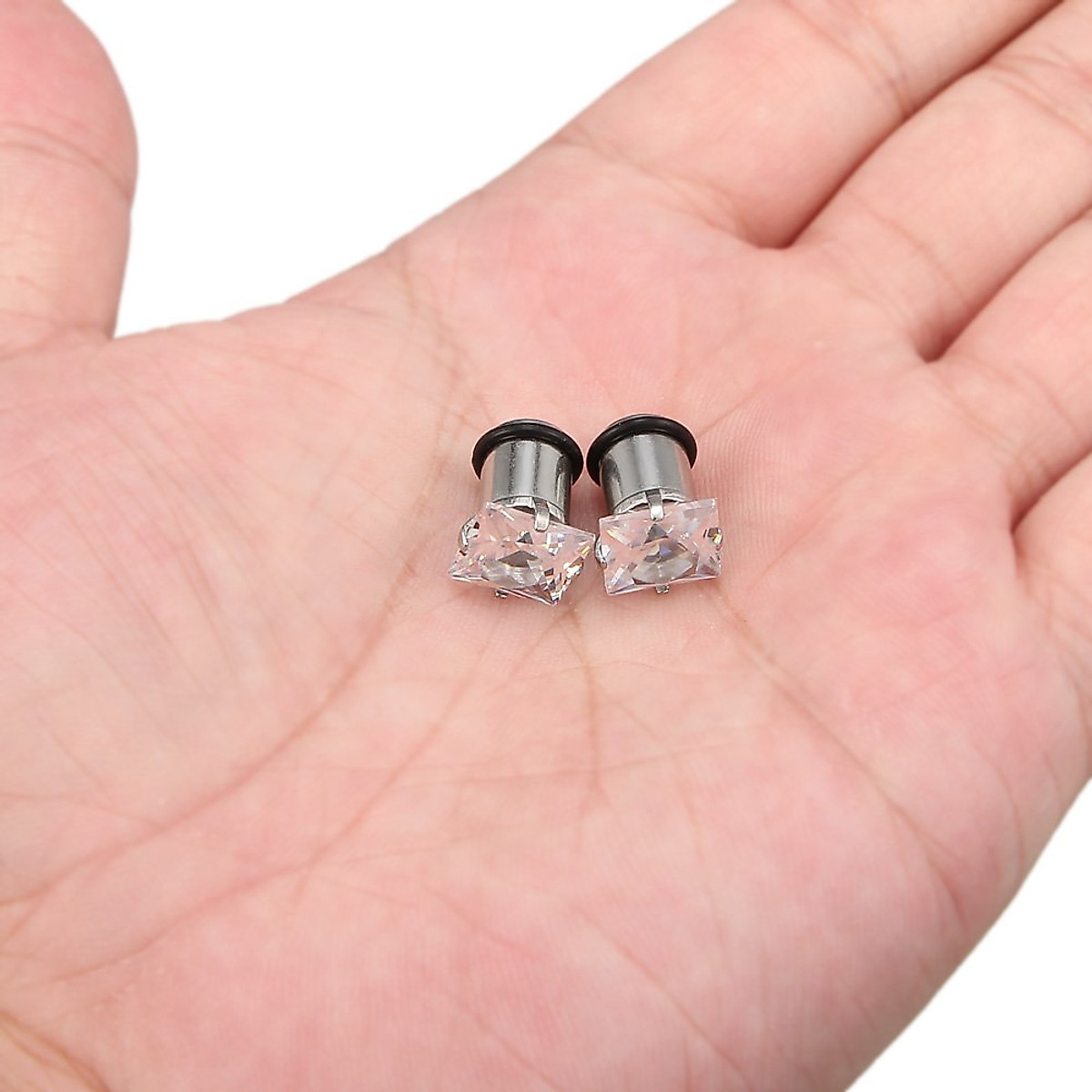 Ruifan 316L Surgical Steel Single Flare Prong Set Clear Square CZ Ear Stretcher Expander Plugs Piercing Gauge with O-Ring 0G(8mm)- Sold As a Pair