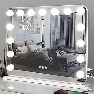 AJJSSA Vanity Mirror with Lights, 23"×18" Hollywood Vanity Mirror with Lights 15 Dimmable LED Bulbs, 3 Color Modes, 10X Magnification, USB Charging Port, Tabletop or Wall-Mounted (White, 23 * 18)