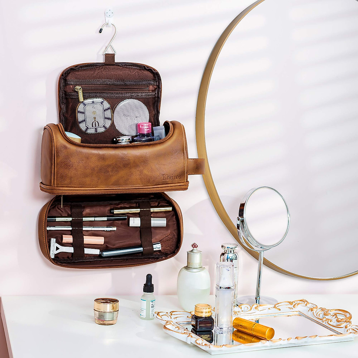 Elviros Toiletry Bag, Mens Leather Travel Organizer Kit with hanging hook, Large Water-resistant Toiletries Bathroom Shaving Bags for Women (Brown)