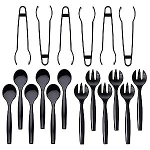 Disposable Plastic Serving Utensils Set - 18 Pack for Parties and Events - Heavy Duty Plastic - Black 10" Spoons, Forks, and 6" Tongs - Perfect for Serving - Great Value