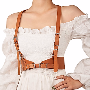 AONEWIN Women's Body Leather Harness Punk Belt Skinny Body Adjustable Suspender For Dresses (Brown Medium)