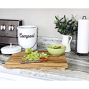 AuldHome White Enamelware Compost Bin, Farmhouse Compost Can Set with Lid and Charcoal Filters, 1.3 Gallon