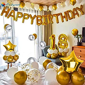 iPartycool 36pcs Birthday Decorations, Birthday Banner, 3D Foil Happy Birthday Balloons Big Star Confetti Metallic Balloons for Kids Girls Boys Men Women Adults Ecofriendly Party Supplies (White Gold)