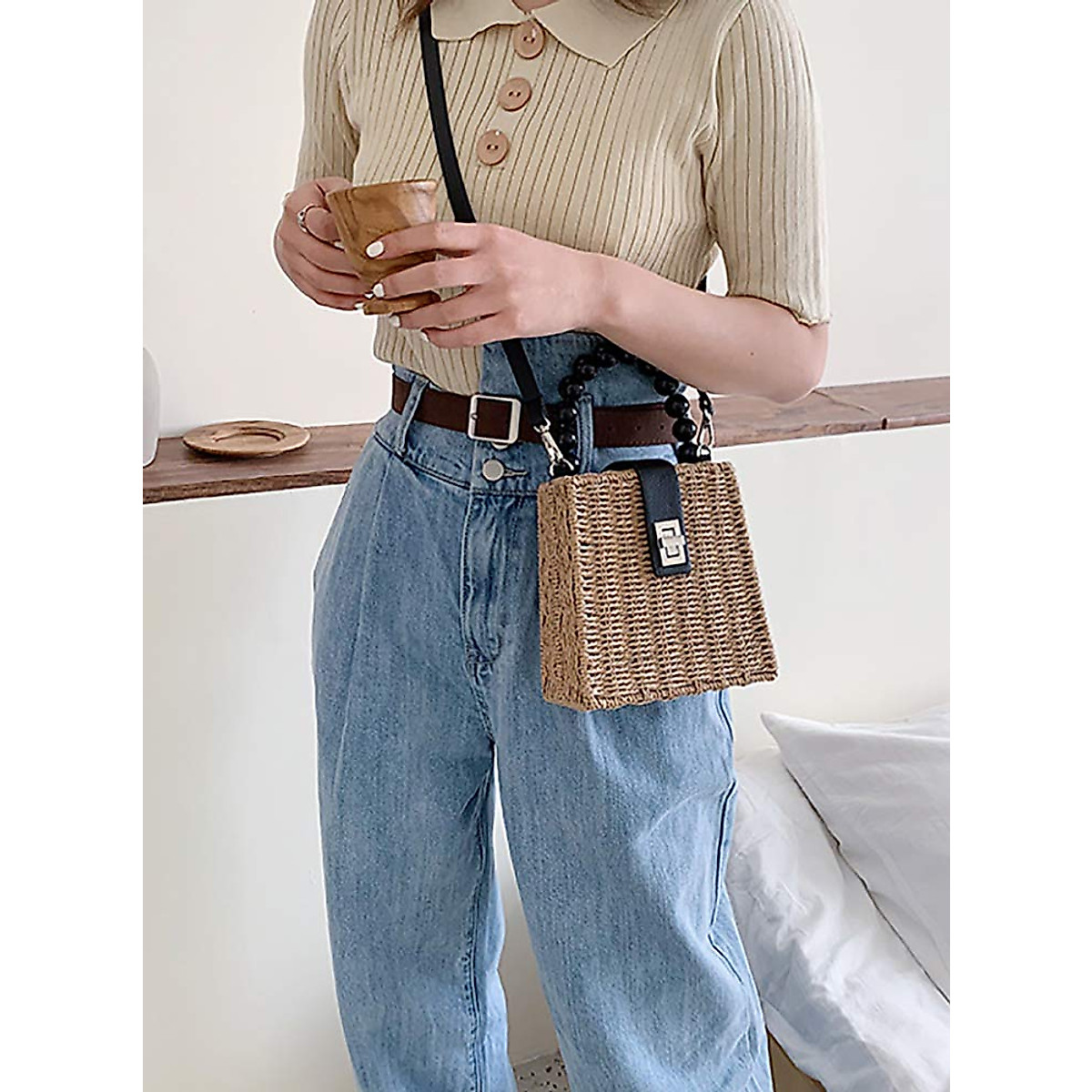 QZUnique Straw Bucket Bags for Women Top Handle Drawstring Woven Handbag Shoulder Bag Summer Beach Purses with Bamboo Handle