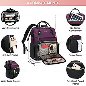 LOVEVOOK Laptop Backpack Purse for Women, 17 Inch Computer Business Stylish Backpacks, Doctor Nurse Bags for Work, Casual Daypack Backpack with USB Port, Dark Purple-Black