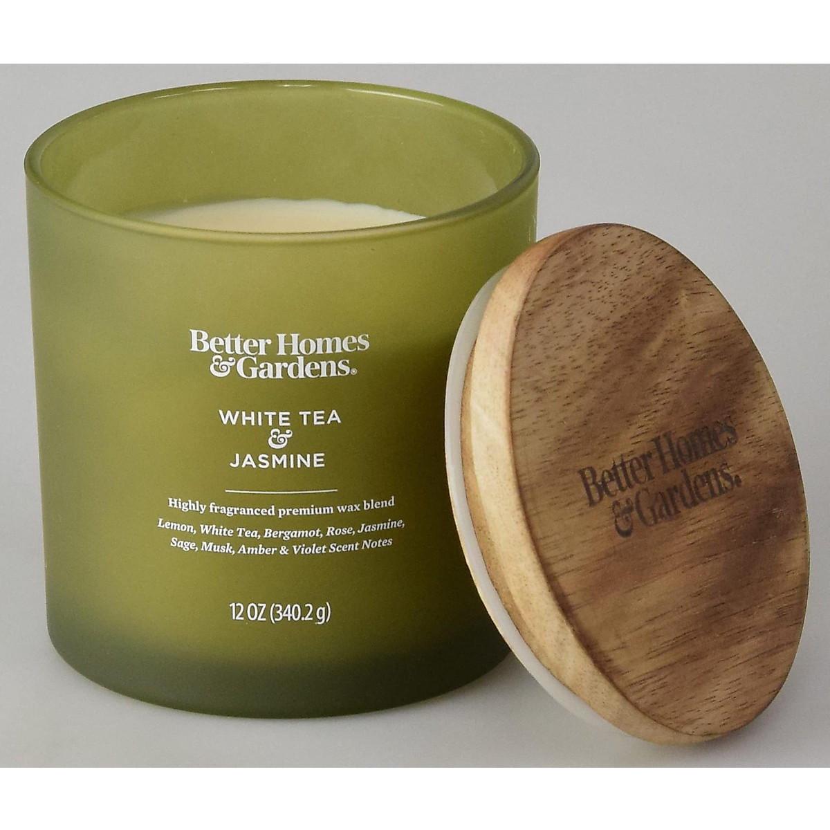 BetterHomes&Gardens Better Homes and Gardens 12oz Scented Candle, White Tea and Jasmine 2-Pack, Olive Green, 12oz (329g) x 2 [excluding glass jar weight] (44220)