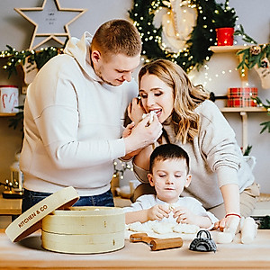 KITCHEN & CO 10-inch Dumpling Bamboo Steamer- Complete Set of 2 Tier Bamboo Steamer Basket 2 Chopsticks, 1 Rolling Pin, Ceramic Dish & More-Bringing Tradition to Your Table, One Steamed Dish at a Time