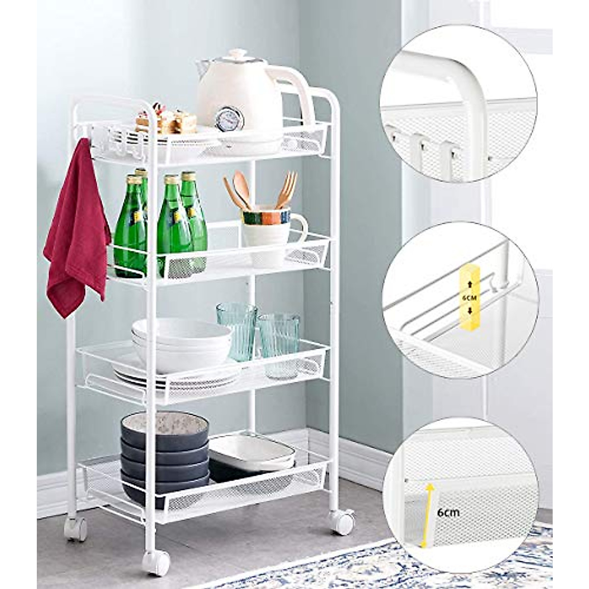 Rolling Storage Cart 4-Tier Metal Mesh Basket Shelves Kitchen Organizer with Wheels(White)