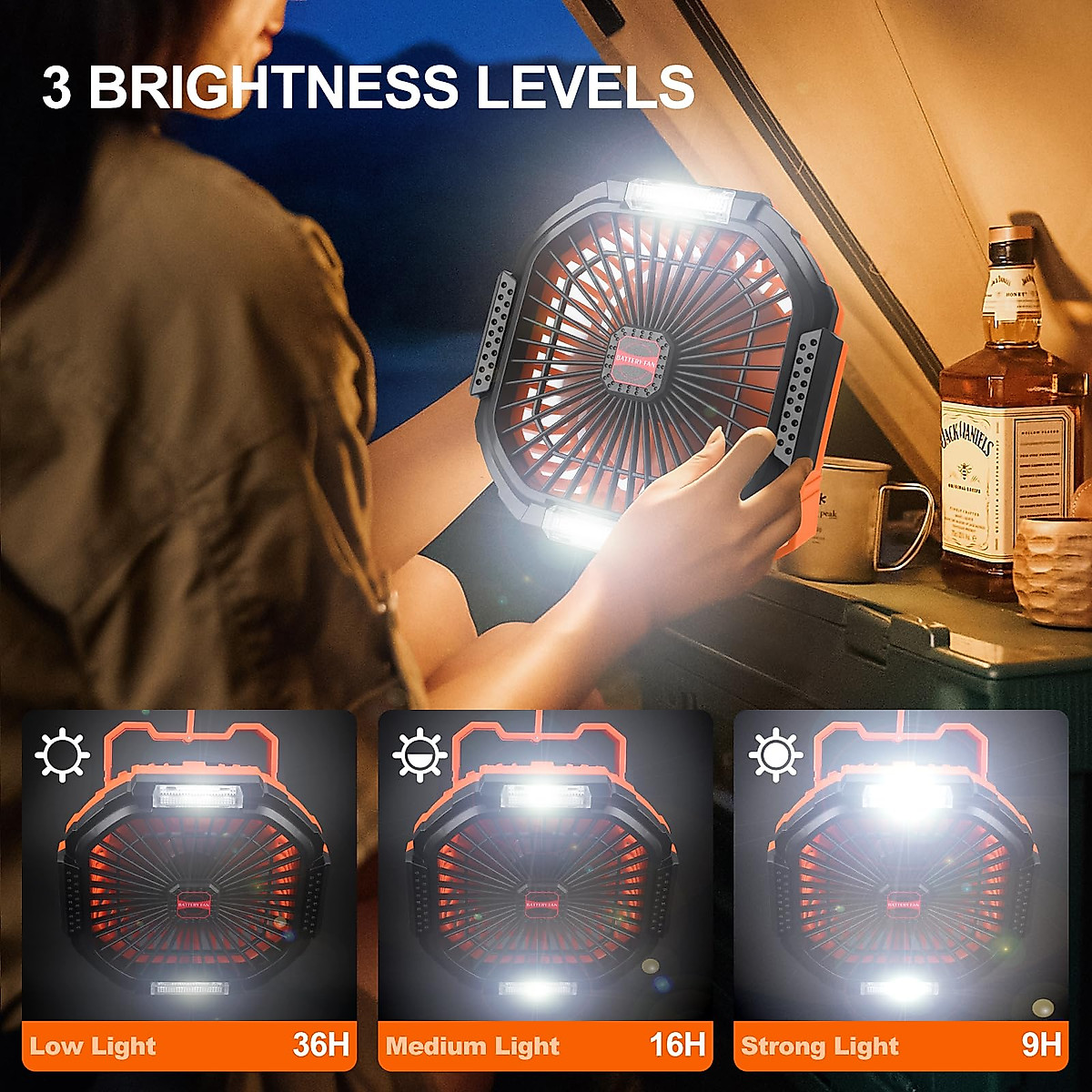 Odoland Portable Camping Fan with LED Light, 7800mAh Rechargeable Battery Operated Fan Lantern with Hook & Remote, USB Fan for Tent RV Hurricane Outages Emergency