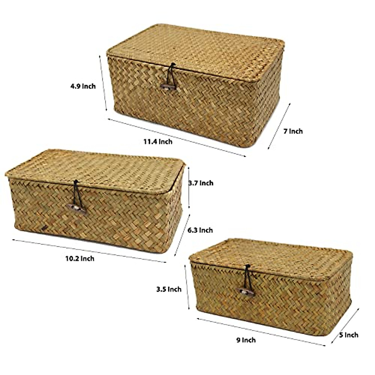 Handwoven Seagrass Storage Bins Box with Lids, Rectangular Wicker Basket Storage Basket, Shelf Baskets Set of 3