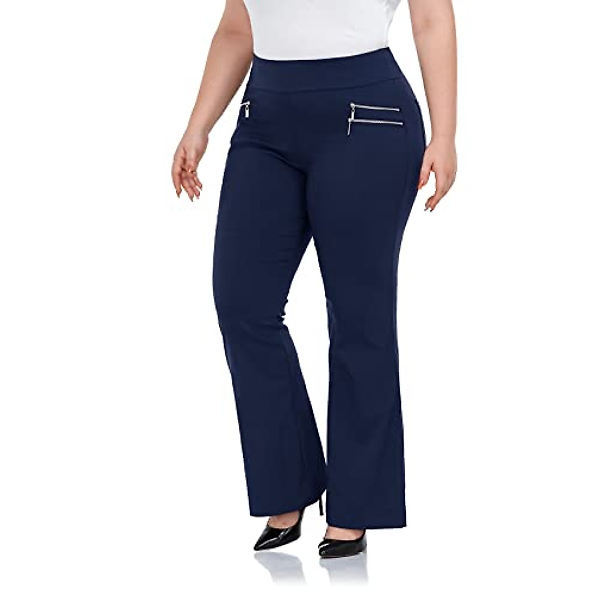 Inno Plus Size Dress Pants Women Bootcut Dress Pants Stretchy High Waisted Pull-on Slacks with Zipper Pockets Business Casual Work, Navy, XXL, 28" Inseam