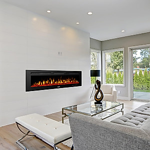 ROCSUMOO 60" Recessed and Wall Mounted Electric Fireplace, Low Noise, Remote Control with Timer,Touch Screen,Adjustable Flame Color and Speed, 750-1500W