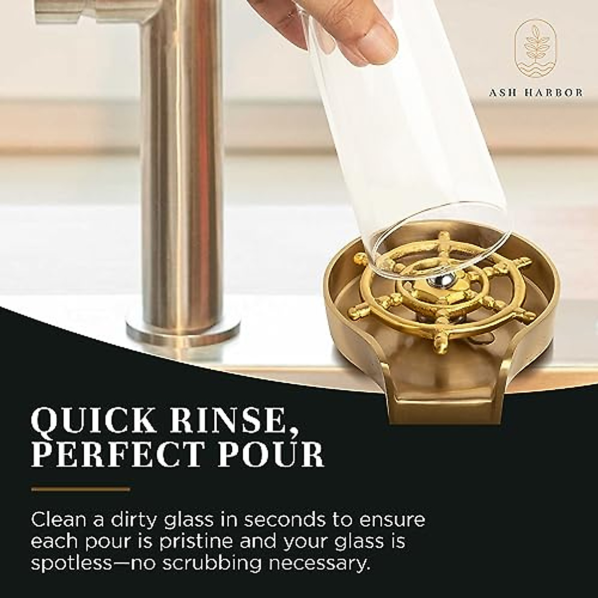 Solid Brass Glass Rinser for Kitchen Sink – Efficient, High-Pressure Cup Washer for Sink attachment – No Rust – 5 In. Wide Glass Cup Cleaner for Sink with all Glass Washer Install Parts by Ash Harbor