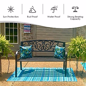 500 Lb Heavy Duty & Durable 2-3 People Comfortable Seat Patio Garden Bench Park Yard Outdoor Furniture Solid Anti-Rust Steel Frame Porch Chair Seat for Garden, Park, Deck, Porch, Backyard or Pools
