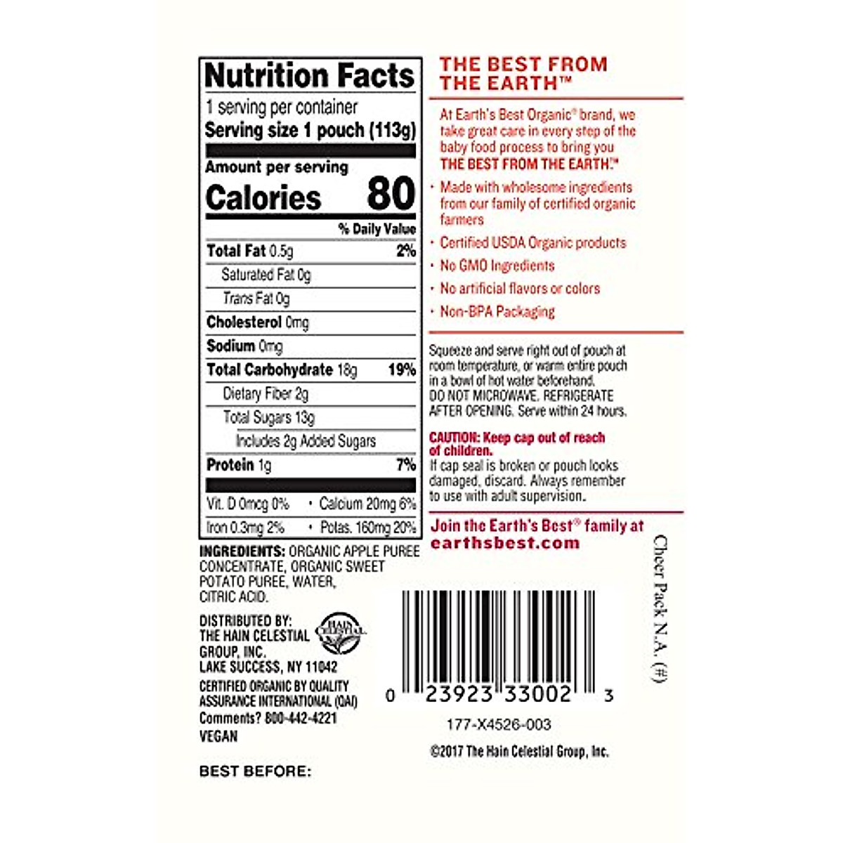 Earth's Best Organic Stage 2 Baby Food, Sweet Potato and Apple, 4 oz. Pouch (Pack of 12)