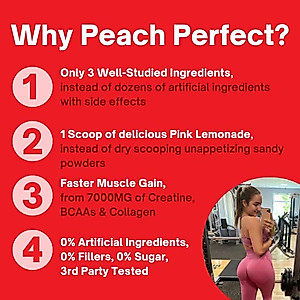 Peach Perfect Creatine for Women Booty Gain, Muscle Builder, Energy Boost, Pink Lemonade, Cognition Aid | Collagen, BCAA, lean muscle, Creatine Monohydrate Micronized Powder, Alt Creapure, 30 Servings