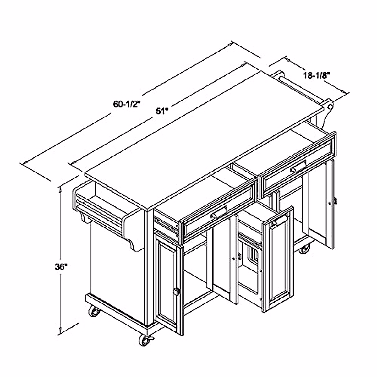LKTART 51'' Mobile Kitchen Island Extensible 60.5''Solid Wood Table Top with 3 Drawers 4 Doors Spice Rack Towel Rack Movable on Wheels Kitchen Island for Kitchen