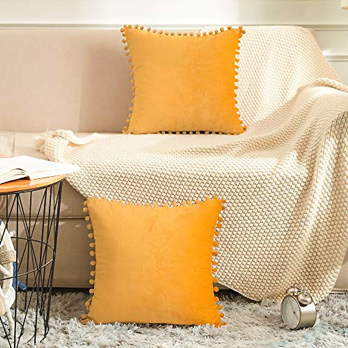 BeBen Decorative Throw Pillow Covers with Pom Poms, Pack of 2 Soft Particles Velvet Pillow Cases Square Cushion Covers for Couch Bedroom Car Sofa Outdoors 16x16 Mustard Yellow,2 Count (Pack of 1)